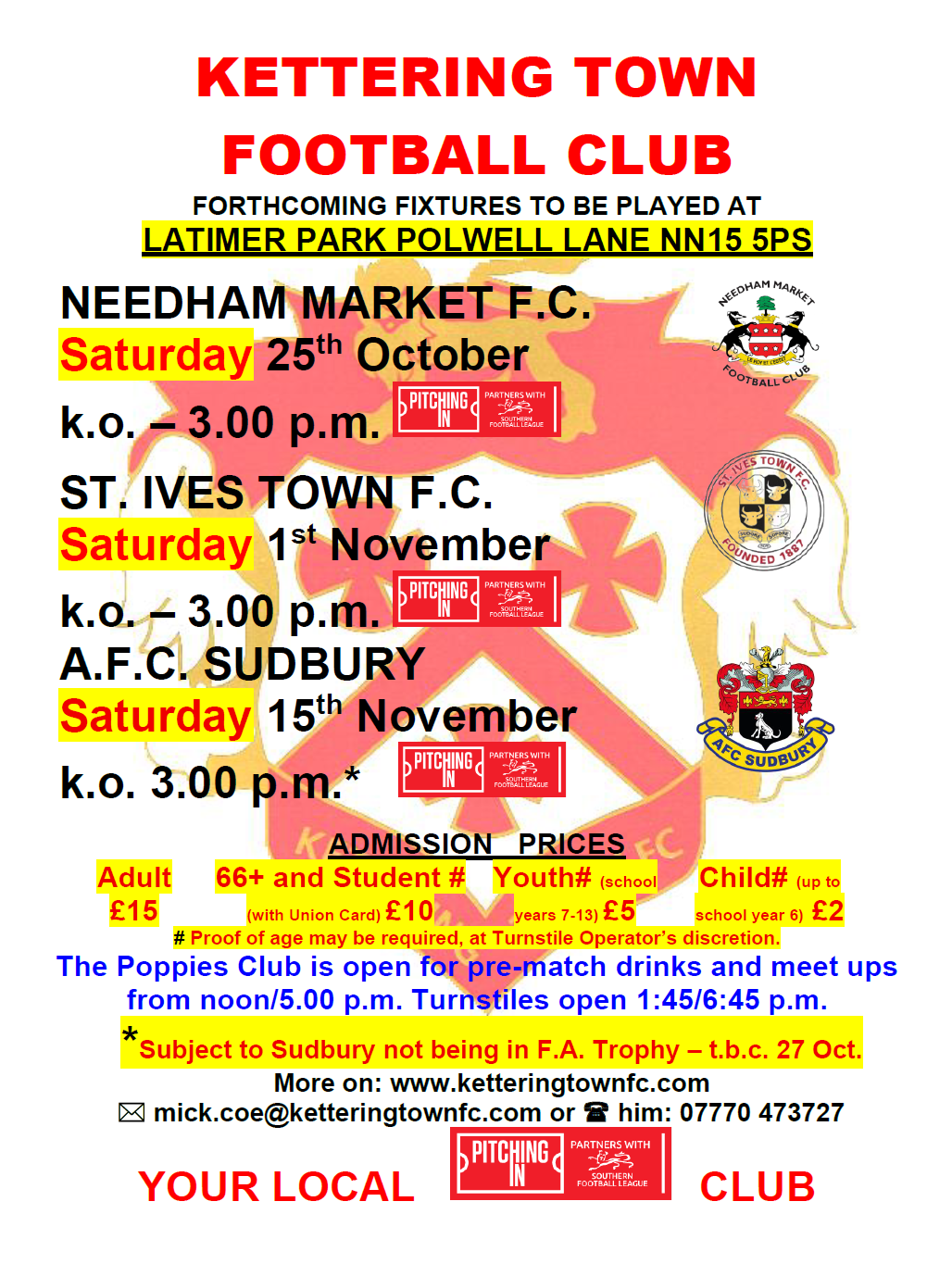 Upcoming Match Fixtures | Kettering Town FC